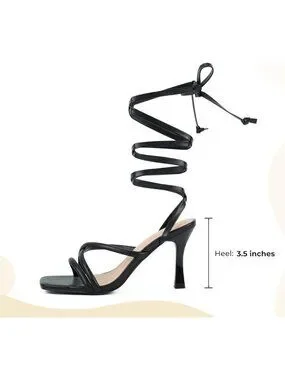 Shoes | Womens Black Tie Up Stiletto Heels Square Open Toe Sandals For ...